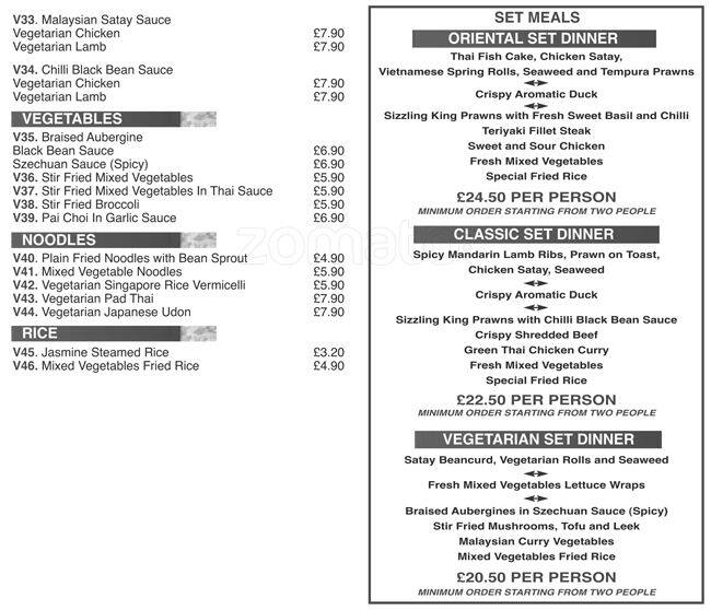 Menu at The Oriental Tree restaurant, London, Greasepaint Ltd