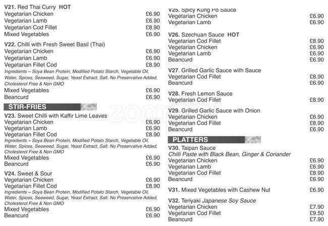 Menu at The Oriental Tree restaurant, London, Greasepaint Ltd