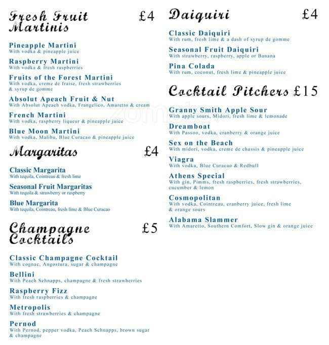 Menu at Athens Restaurant, Birmingham