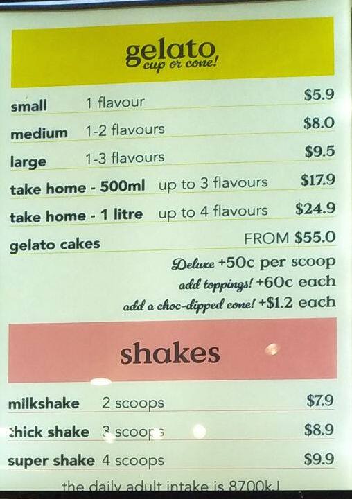 Menu at Gelatissimo Watsons Bay restaurant, Watsons Bay