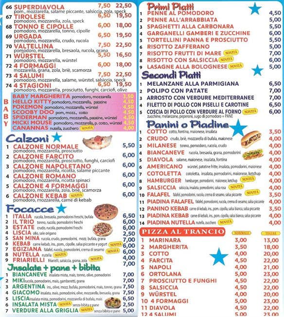 Menu da Bella Italia ristorante, Milano, Via Giovanni da Milano
