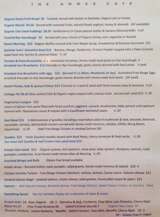 Menu at The Annex Cafe, Glenelg