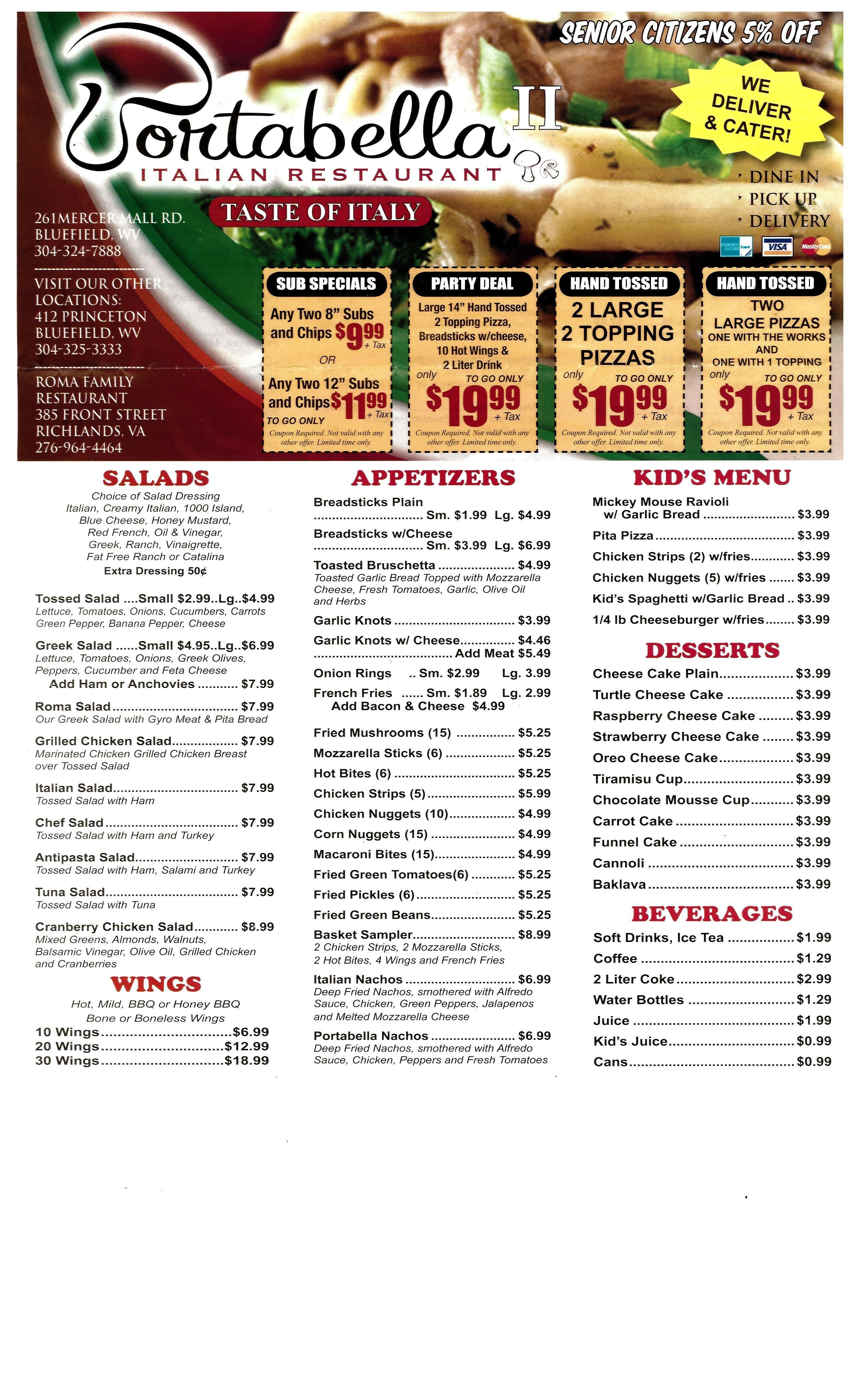 Portabella Italian Restaurant Menu - Urbanspoon/Zomato