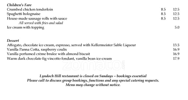 Menu at Lyndoch Hill Restaurant, Lyndoch