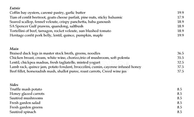 Menu at Lyndoch Hill Restaurant, Lyndoch