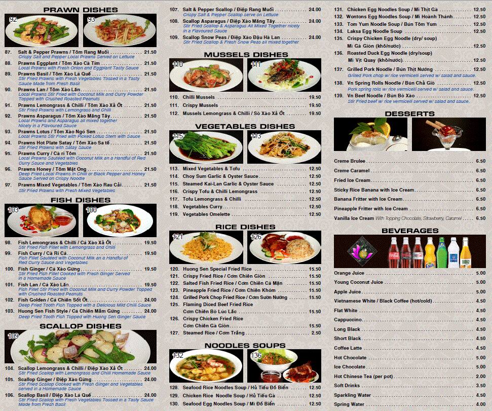 Menu at Huong Sen restaurant, Merriwa