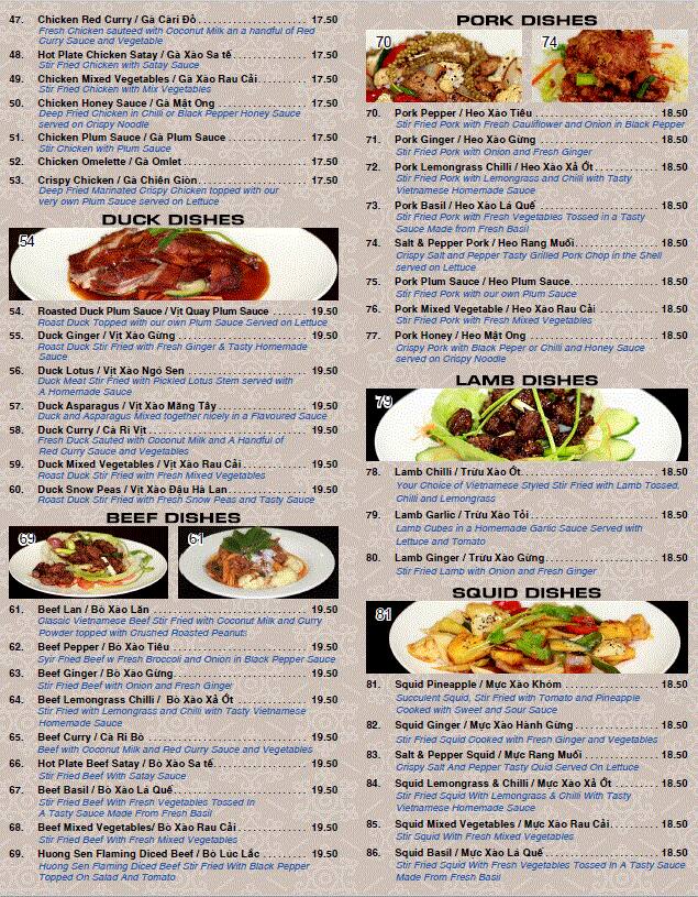 Menu at Huong Sen restaurant, Merriwa