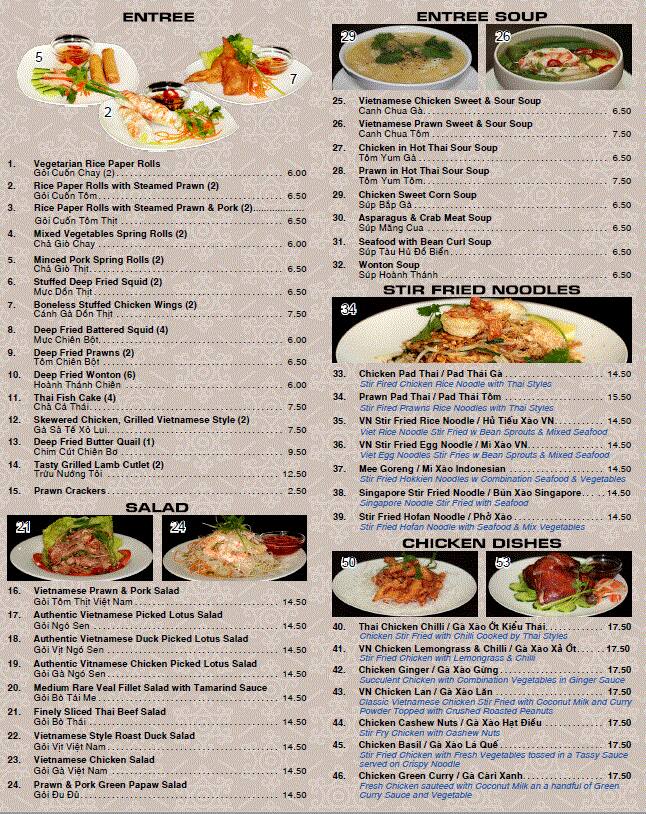 Menu at Huong Sen restaurant, Merriwa