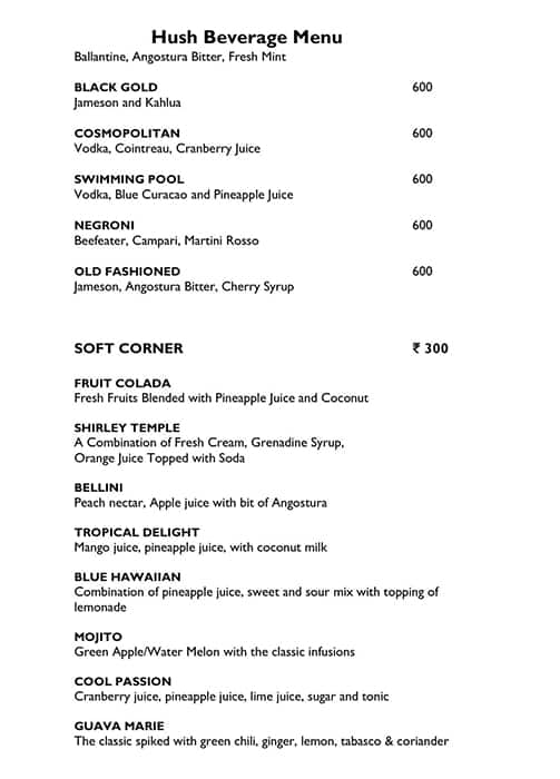 Menu at Hush Bar, Coimbatore