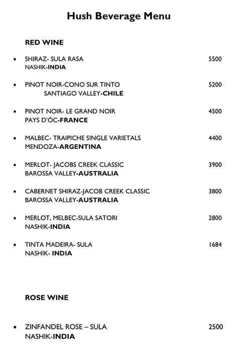 Menu at Hush Bar, Coimbatore
