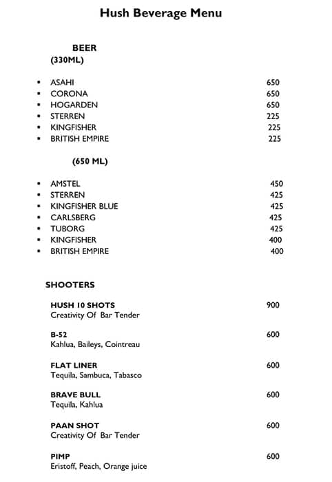 Menu at Hush Bar, Coimbatore