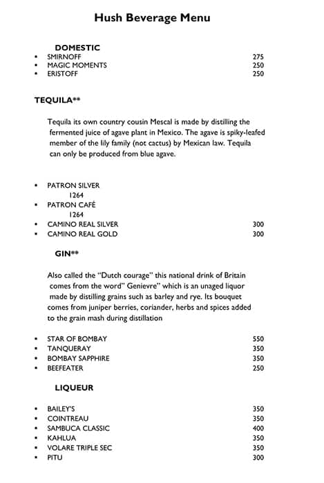 Menu at Hush Bar, Coimbatore