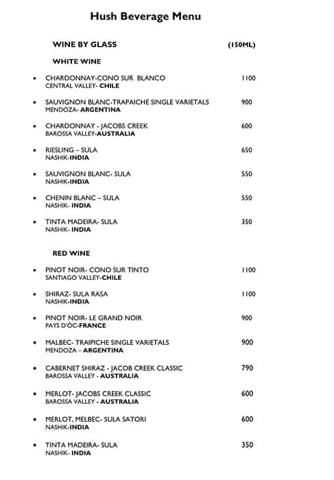 Menu at Hush Bar, Coimbatore