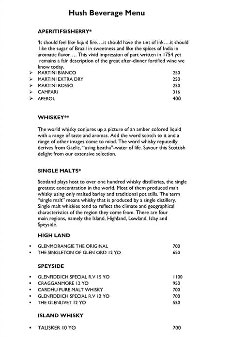 Menu at Hush Bar, Coimbatore