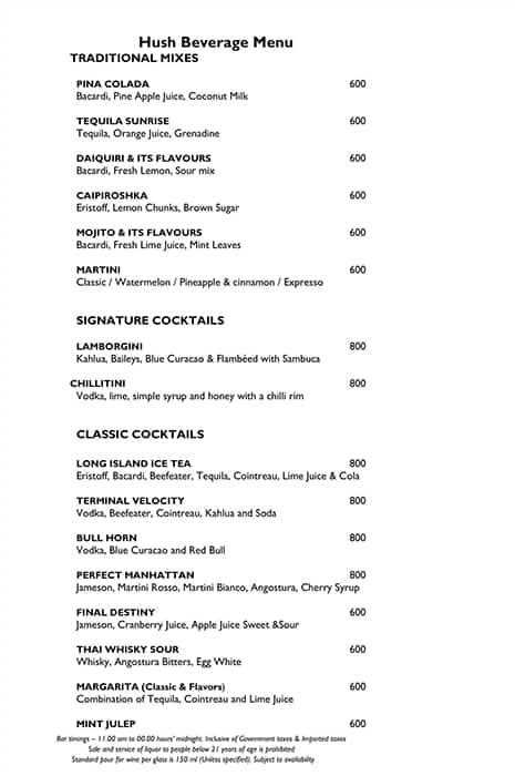 Menu at Hush Bar, Coimbatore