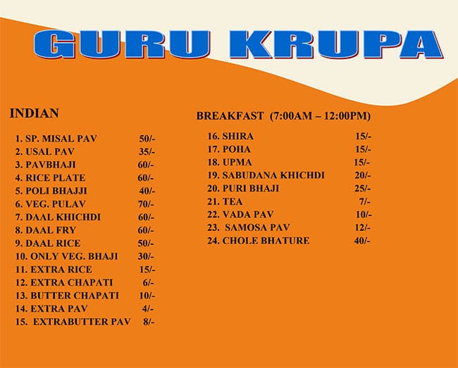 Menu of Guru Krupa, Kurla, Mumbai