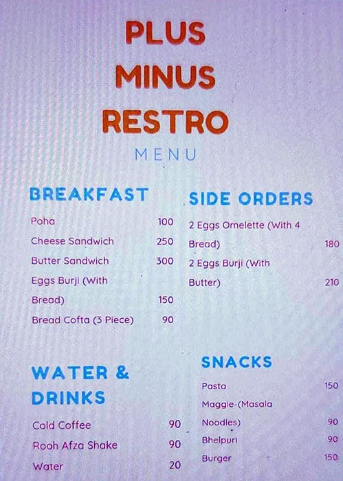 Menu of Plus Minus Restro, Pink City, Jaipur