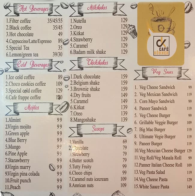 Menu of Cafe Korner, Vanasthalipuram, Hyderabad