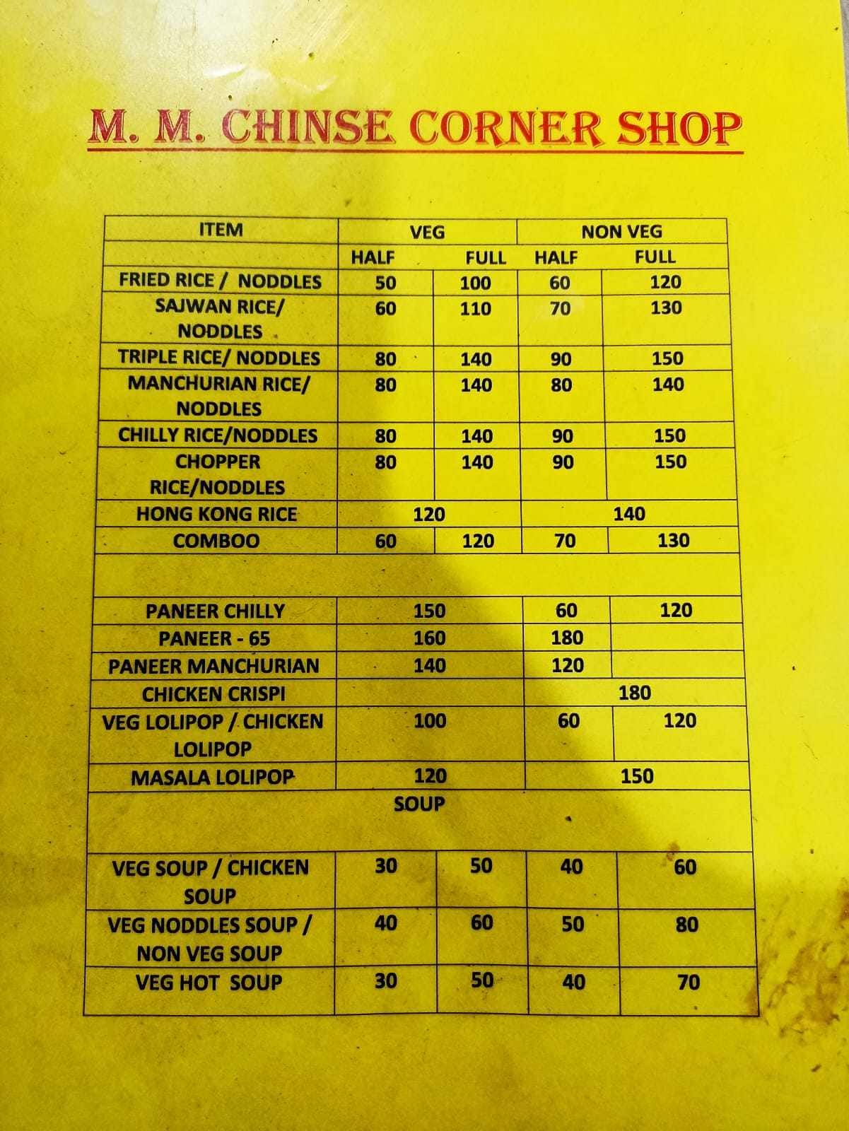 Menu of M M Chinese Corner, Boisar, Mumbai