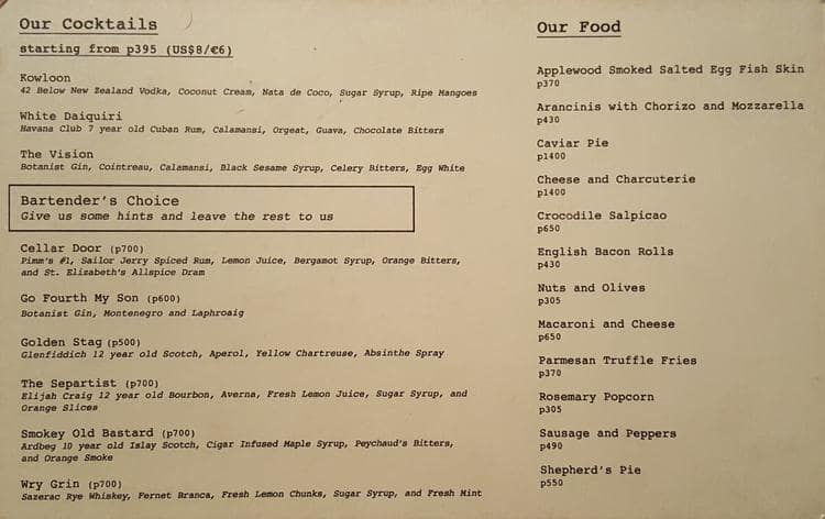 Menu at The Blind Pig pub & bar, Makati