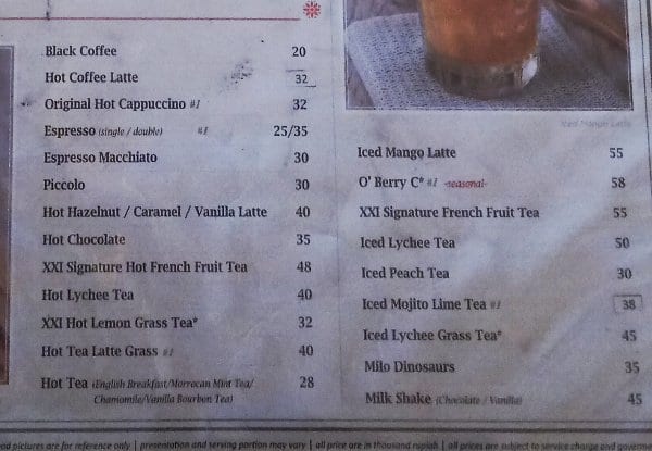 Menu at XXI Lounge - Djakarta Theater cafe, Jakarta