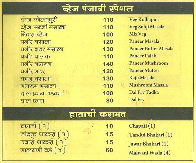 Menu at Shiv Prasad, Pune