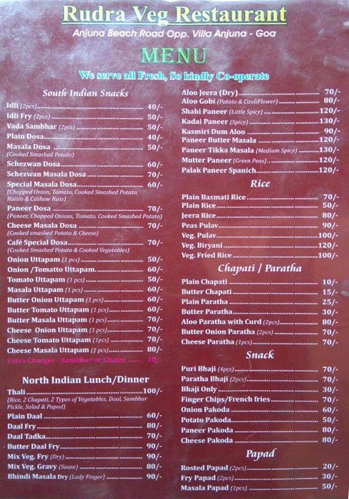 Rudra Menu, Menu for Rudra, Anjuna, Goa - Zomato