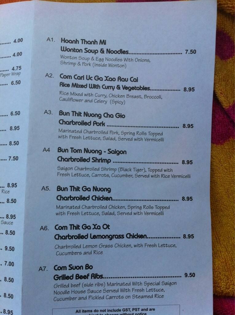 Menu at Saigon Noodle House restaurant, Courtenay