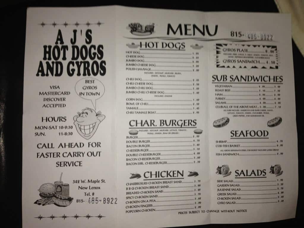 Menu at AJ's Hot Dogs, Subs & Gyros restaurant, New Lenox