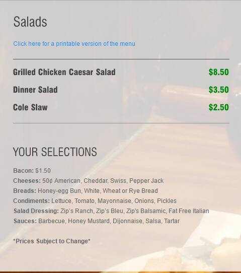 Menu at Zip's Cafe, Cincinnati