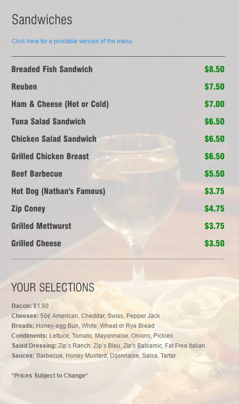 Menu at Zip's Cafe, Cincinnati