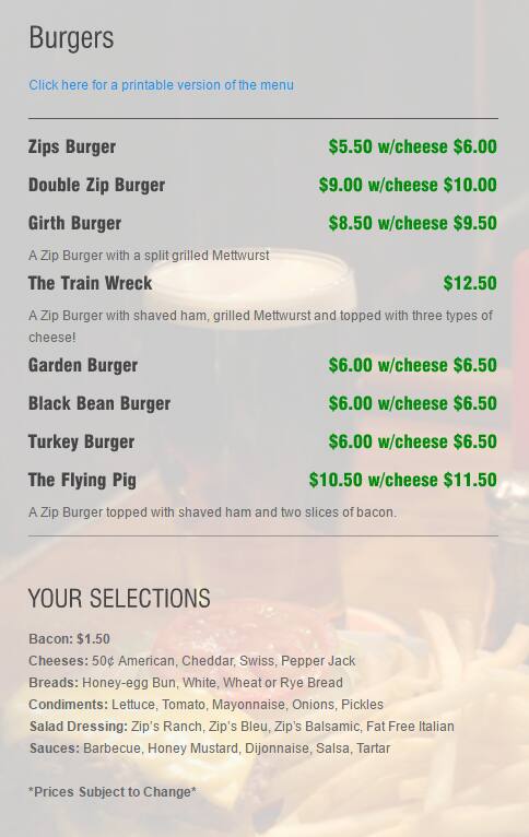 Menu at Zip's Cafe, Cincinnati