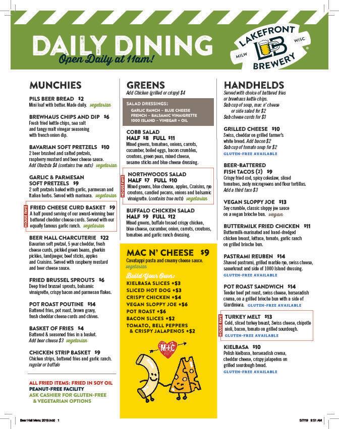 Menu at Lakefront Brewery pub & bar, Milwaukee, N Commerce St
