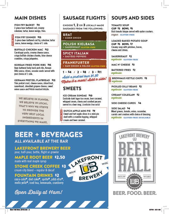 Menu at Lakefront Brewery pub & bar, Milwaukee, N Commerce St