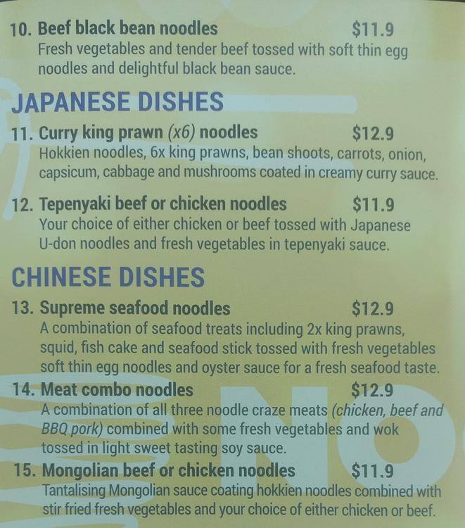 Menu at Noodle Craze restaurant, Yamanto