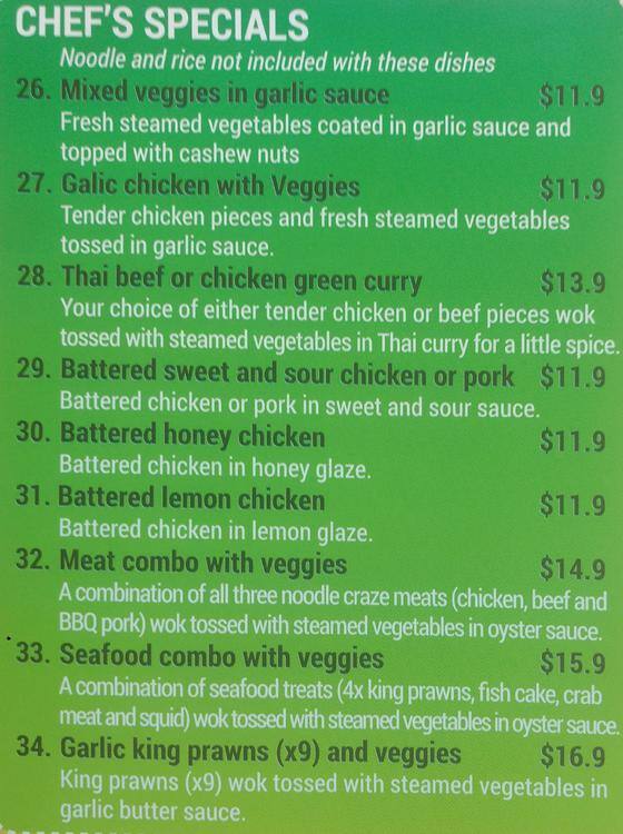 Menu at Noodle Craze restaurant, Yamanto