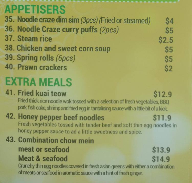 Menu at Noodle Craze restaurant, Yamanto