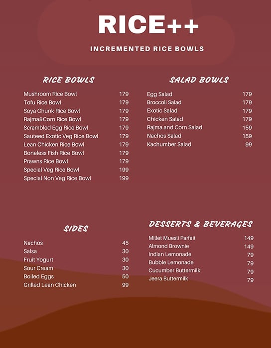 Menu of Rice Plus Plus, Gachibowli, Hyderabad