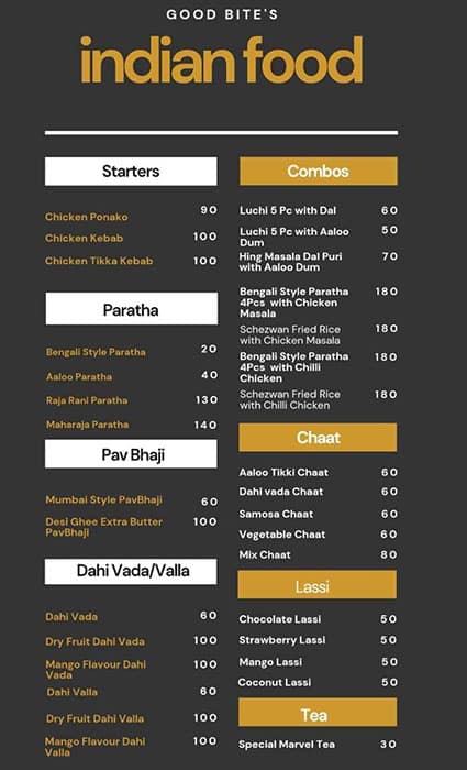 Menu of Good Bites, Jadavpur, Kolkata