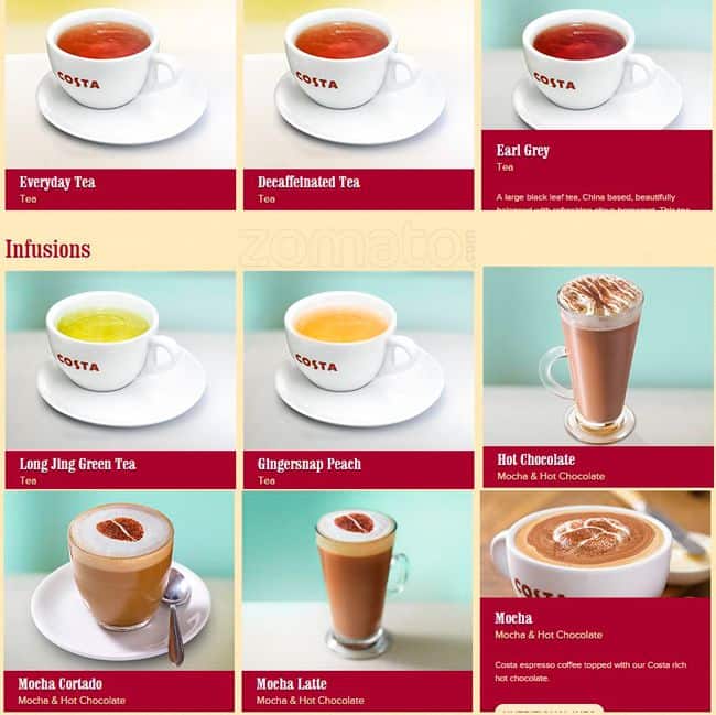 Menu at Costa Coffee cafe, London, 34 Broadway