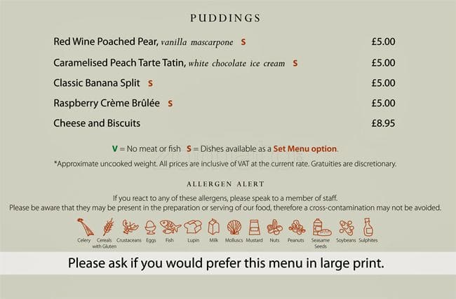 Menu at The Arch restaurant, Wembley