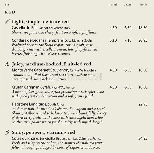 Menu at The Arch restaurant, Wembley