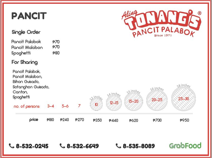 Menu at Aling Tonang's Palabok restaurant, Mandaluyong