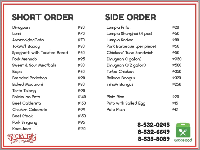 Menu at Aling Tonang's Palabok restaurant, Mandaluyong