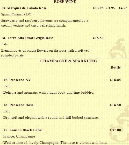 Menu at English Lounge pub & bar, Manchester, 64-66 High Street