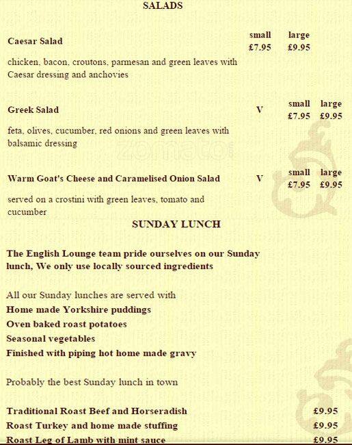 Menu at English Lounge pub & bar, Manchester, 64-66 High Street