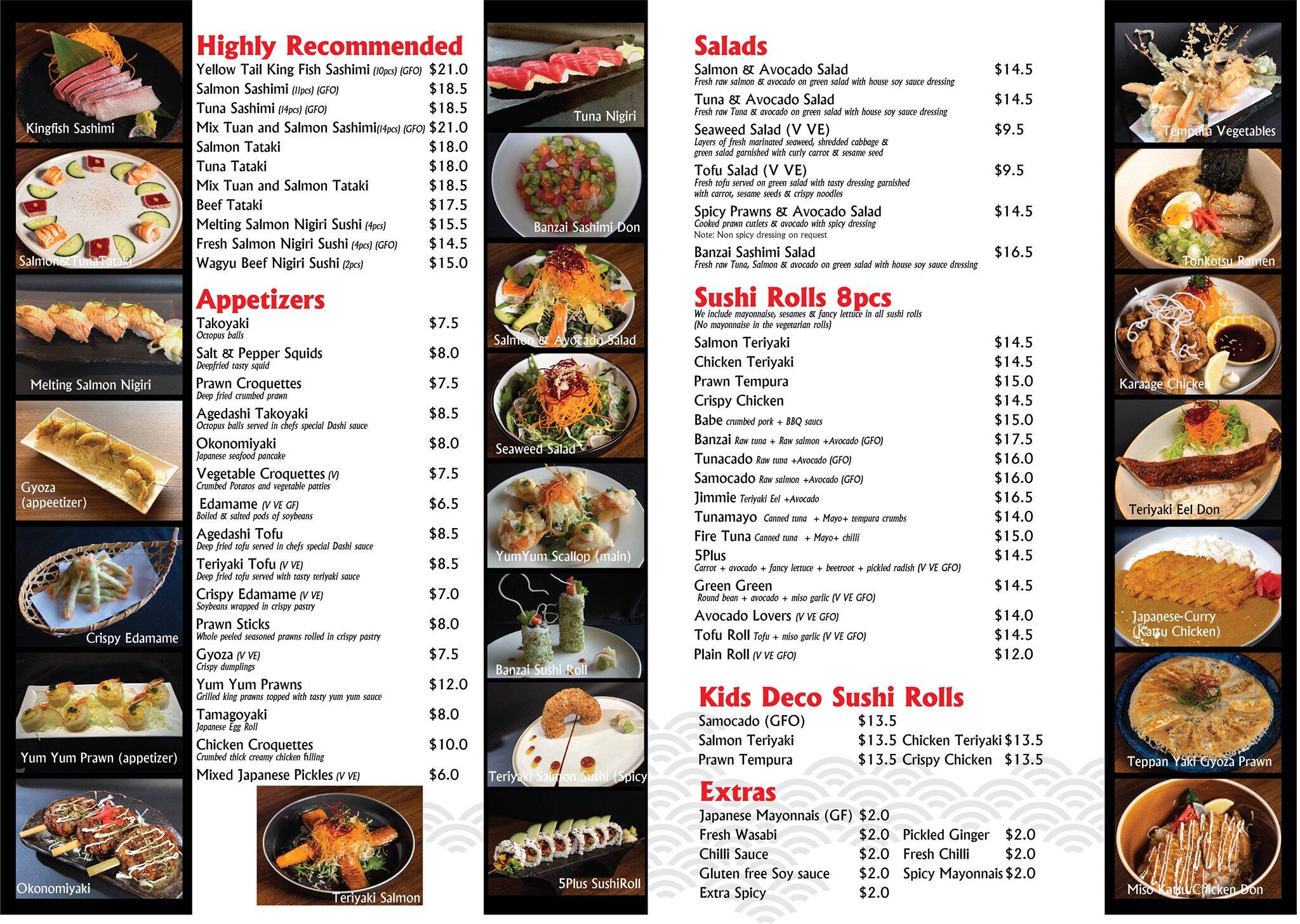 Carta de Banzai Restaurant, Auckland, 583 Dominion Rd