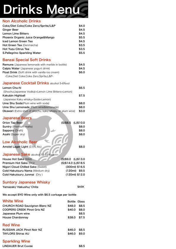 Menu at Banzai Restaurant, Auckland, 583 Dominion Rd