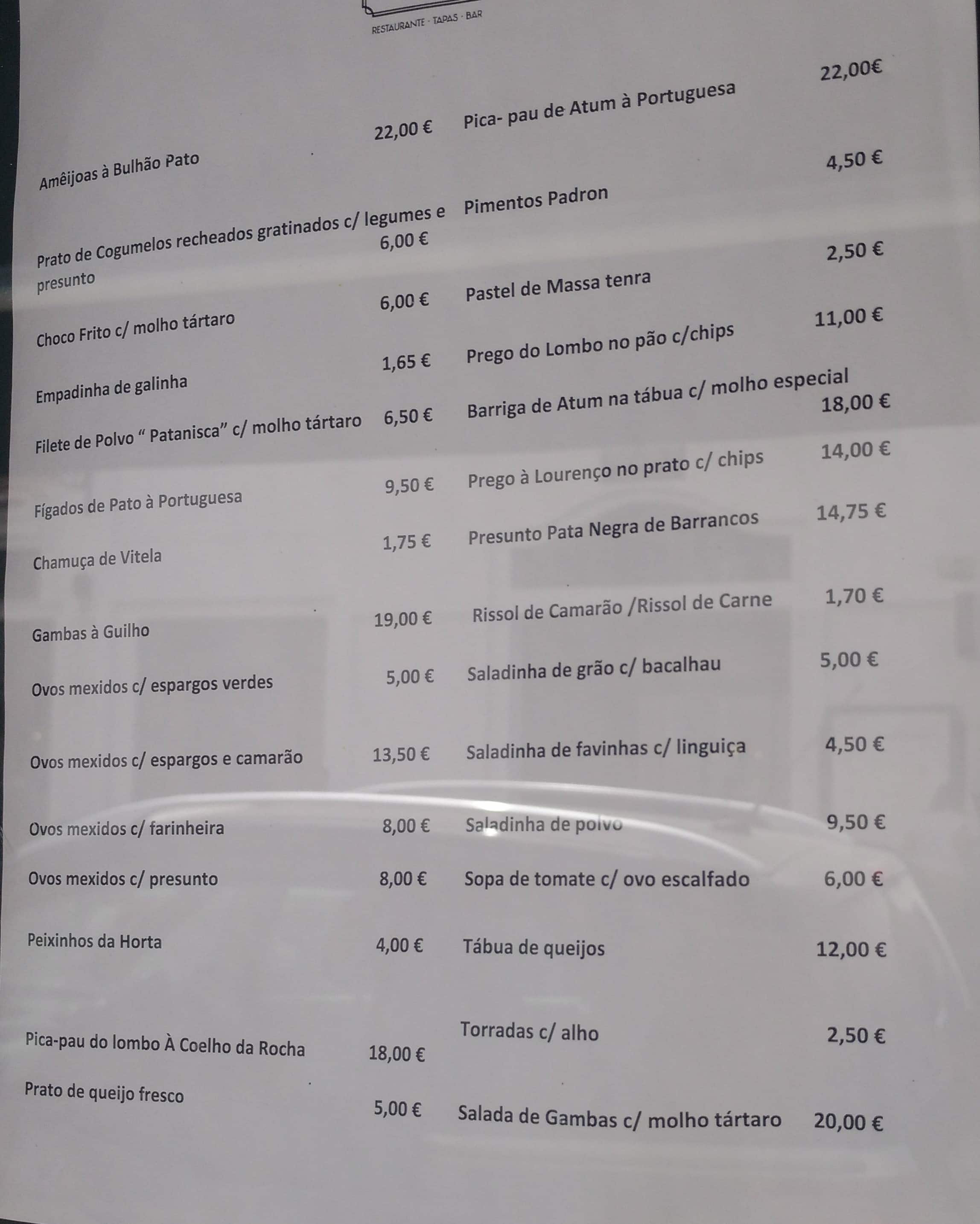 Menu em Coelho da Rocha restaurante, Lisboa