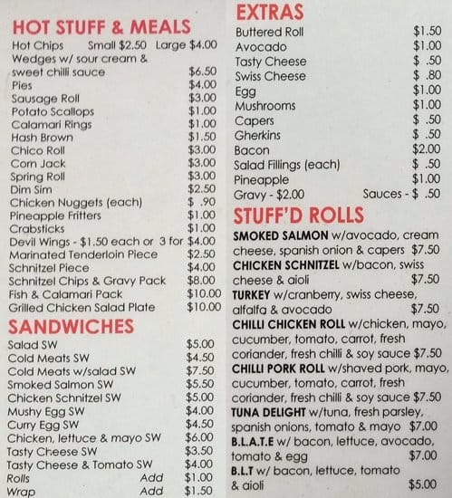 Menu at Stuff'd cafe, Carlton